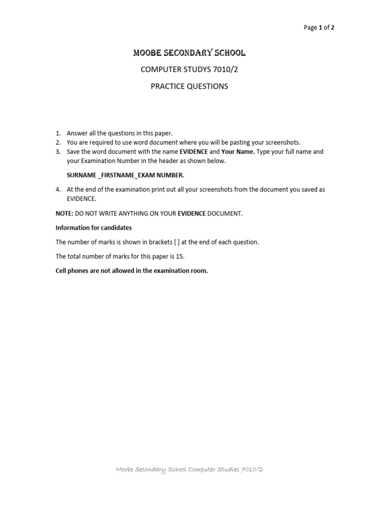 Moobe Practice Questions 7010 Paper 2 Excel | PDF | Microsoft Excel | Spreadsheet