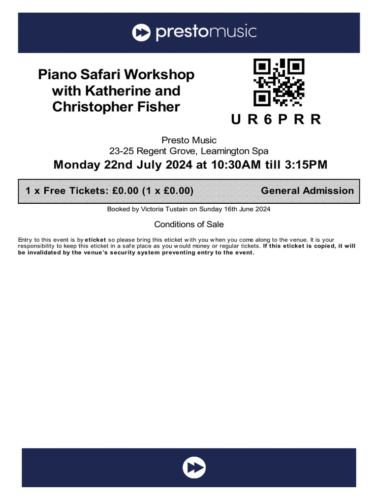 Piano Safari Workshop Ticket Confirmation | PDF