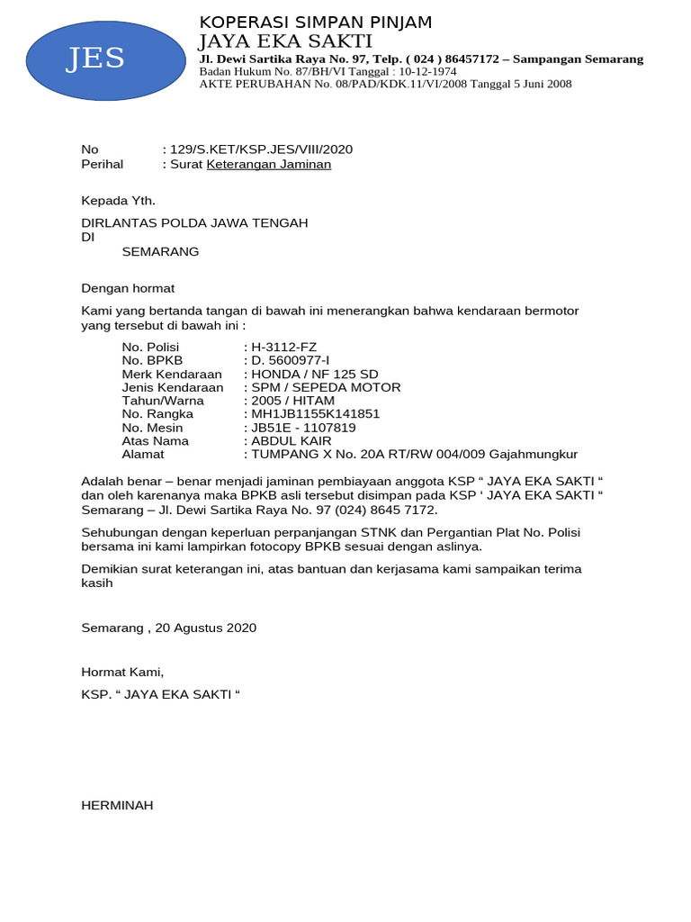 Surat Keterangan Jaminan BPKB KSP Jaya Eka Sakti | PDF