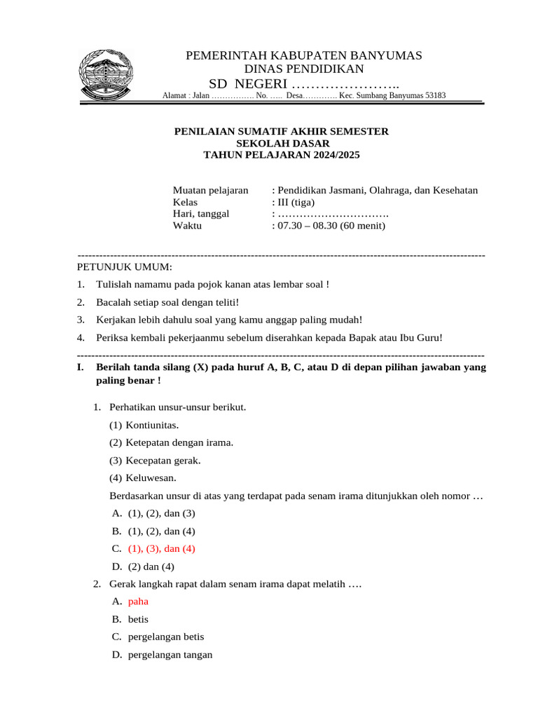 Soal Sas Pjok Kelas 3 Kurikulum Merdeka Semester Genap | PDF