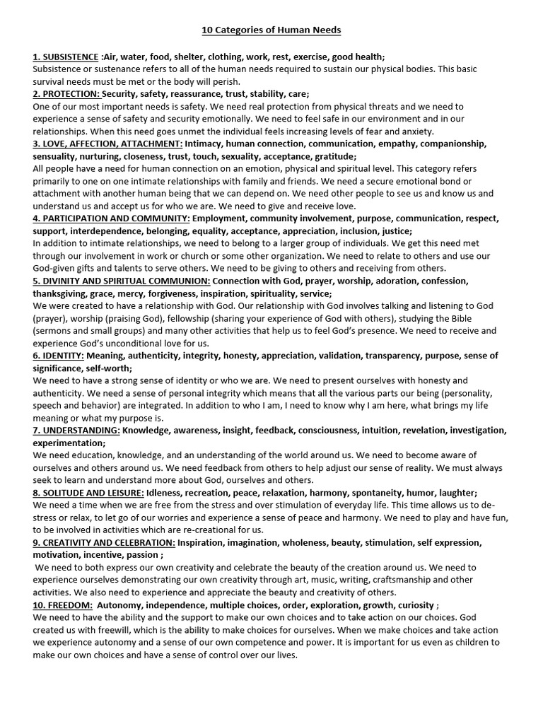 10 Categories of Human Needs | PDF | Intimate Relationships | Love