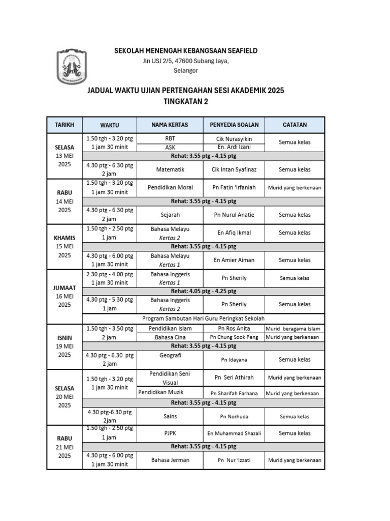 Jadual Upsa Ting 2 2025 | PDF