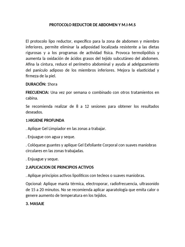 Protocolo Reductor de Abdomen y M.i-M.s Clase en Cabina | PDF