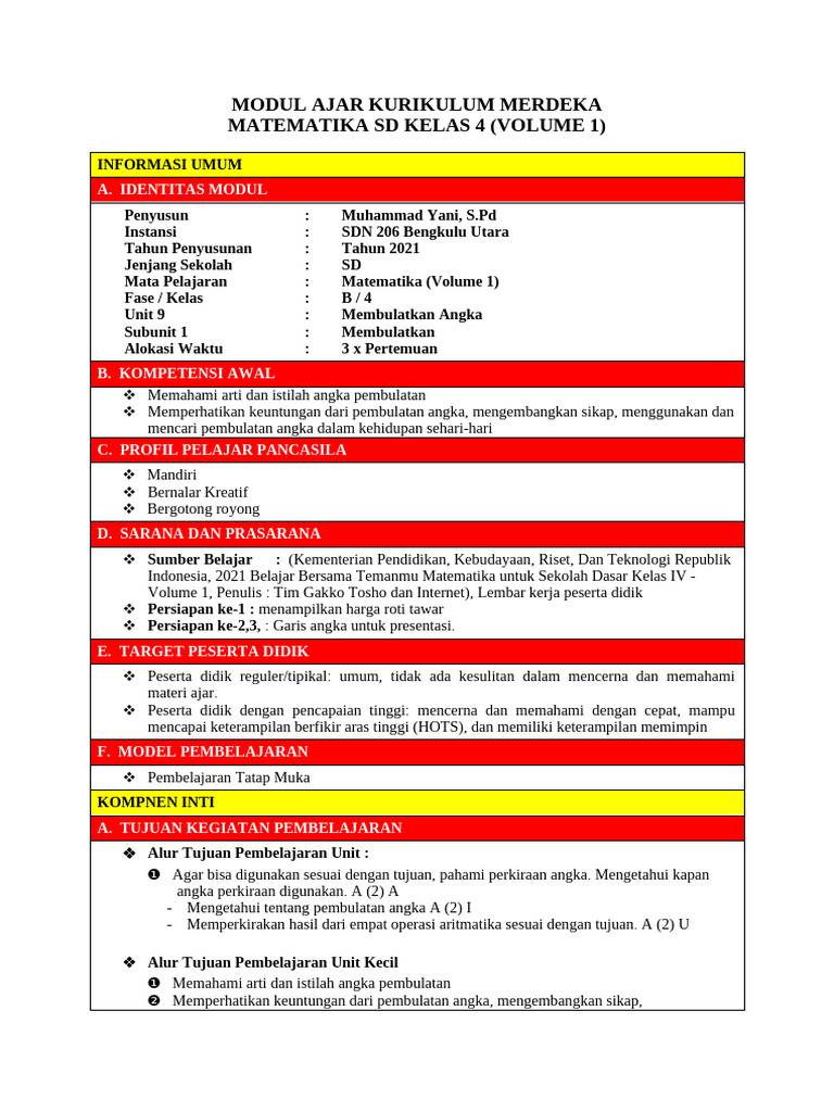 9. Modul Ajar MTK Unit 9 | PDF