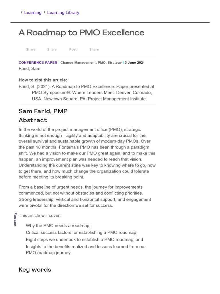 A Roadmap To PMO Excellence - PMI | PDF | Project Management | Governance