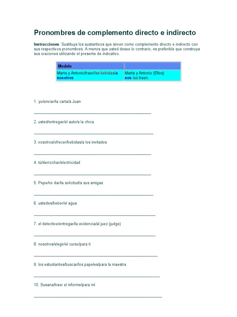 Ejercicios Con Pronombres de Complemento Directo e Indirecto | PDF