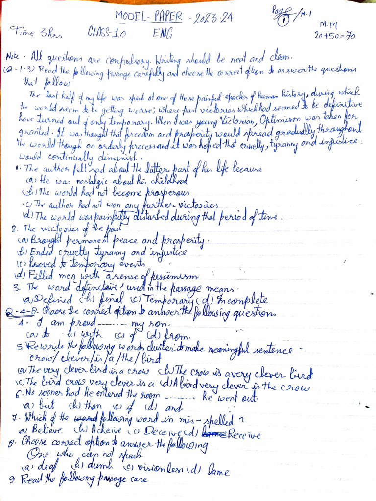 Model Paper 1 Eng 10 2023 | PDF