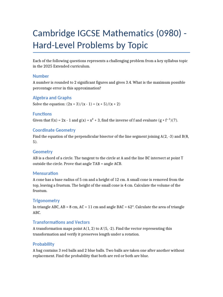 Hard-Level IGCSE Math Problems 0980 | PDF