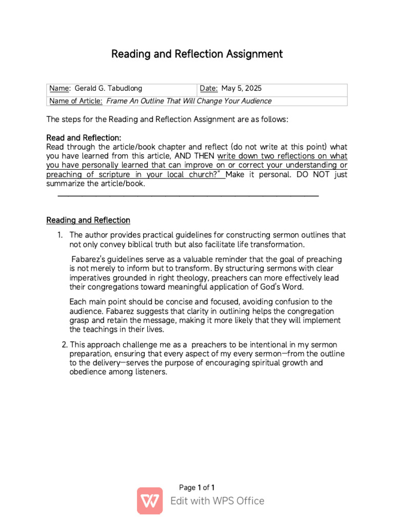 Frame An Outline Reading Reflection | PDF