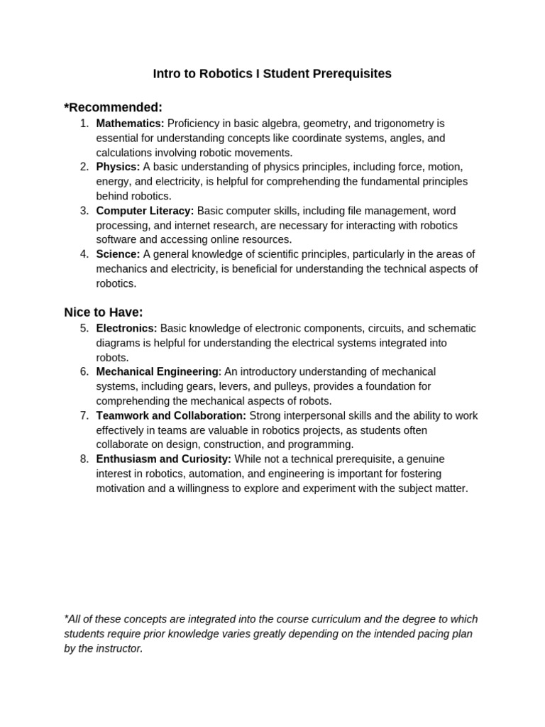 Prerequisites For Intro To Robotics I | PDF