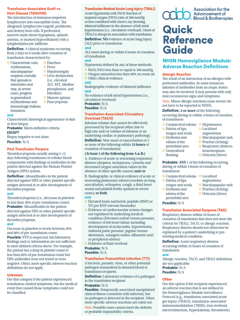 Aabb Quick Reference Guide NHSN Hemovigilance Module | PDF | Blood ...