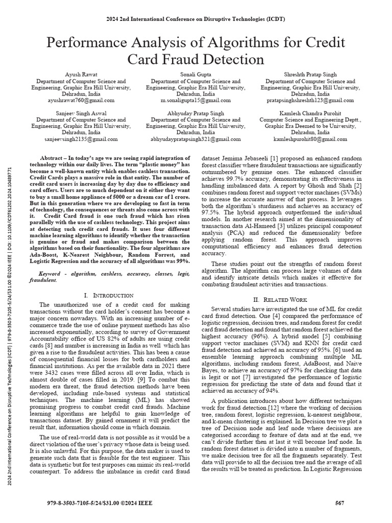 Performance Analysis of Algorithms For Credit Card Fraud Detection | PDF | Machine Learning ...
