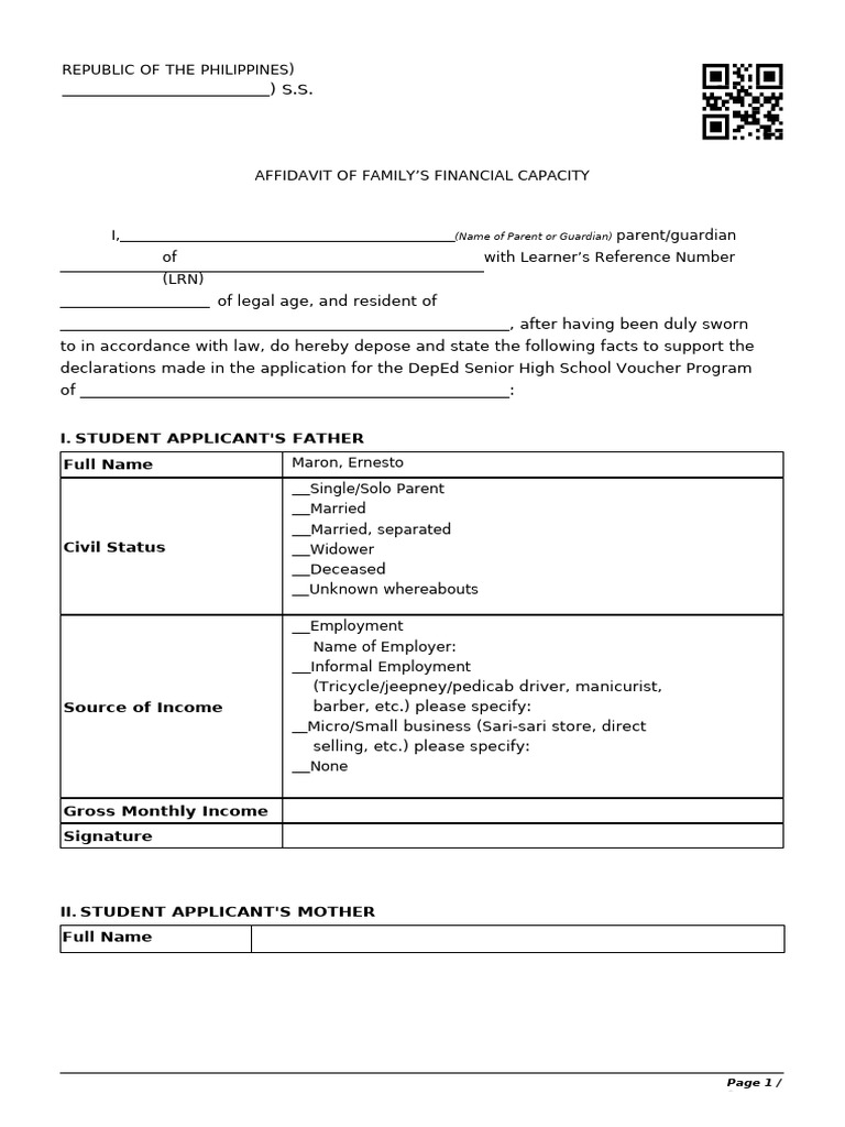 Affidavit of Family Financial Capacity | PDF | Affidavit