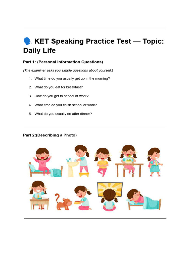 ? KET Speaking Practice Test - Topic - Daily Life | PDF