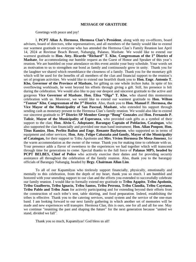 Tito Allan's Message of Gratitude | PDF