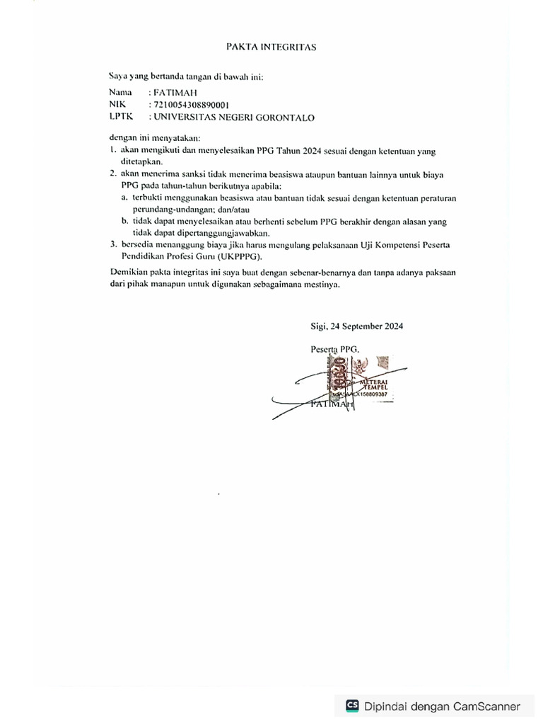 Pakta Integritas Fatimah | PDF