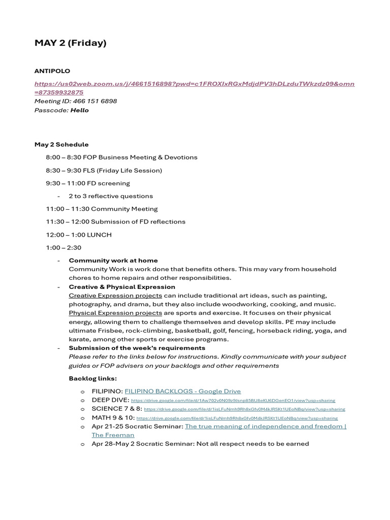 MAY 2 Schedule and Reminders | PDF