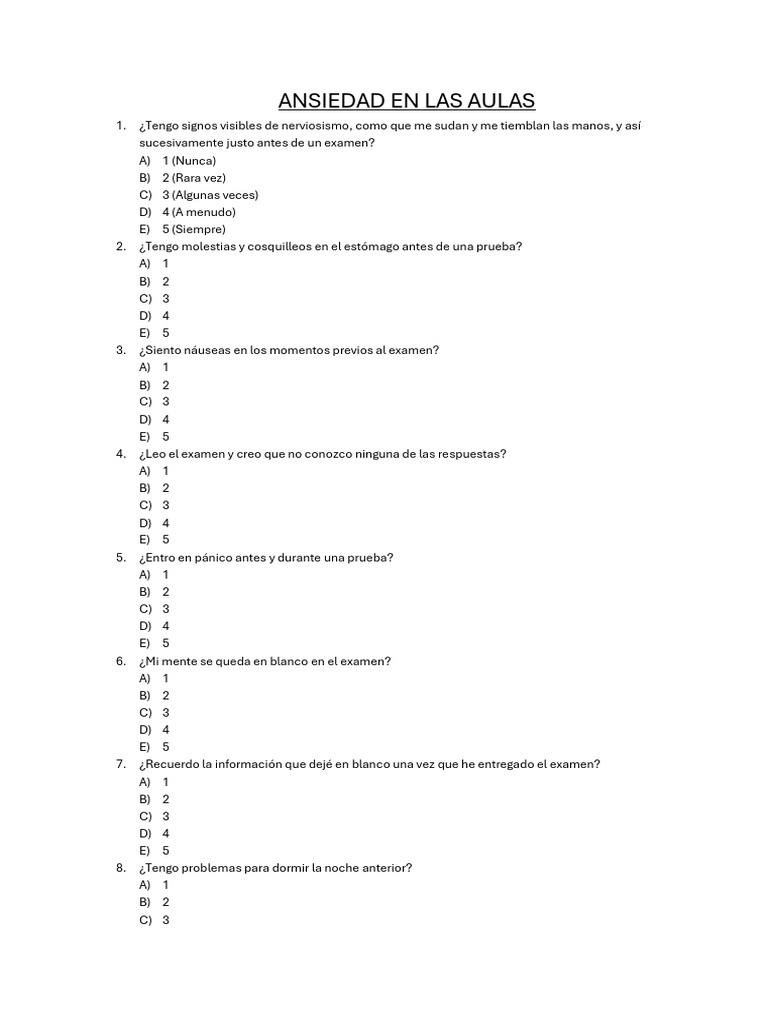 Cuestionario Ansiedad en Las Aulas | PDF