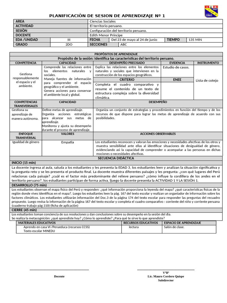 Planificaciòn de Sesion de Aprendizaje #1: Area Actividad Sesiòn Docente Eda /unidad Fecha ...