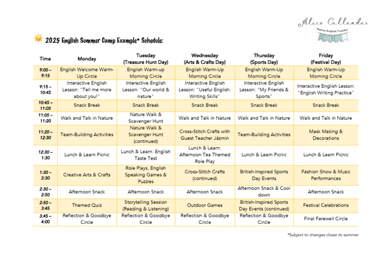 Example English Summer Camp Schedule | PDF