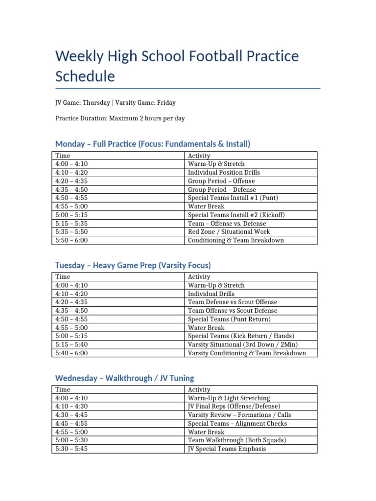 Weekly Football Practice Schedule | PDF | Ncaa Division I Fbs Football Teams | National Football ...