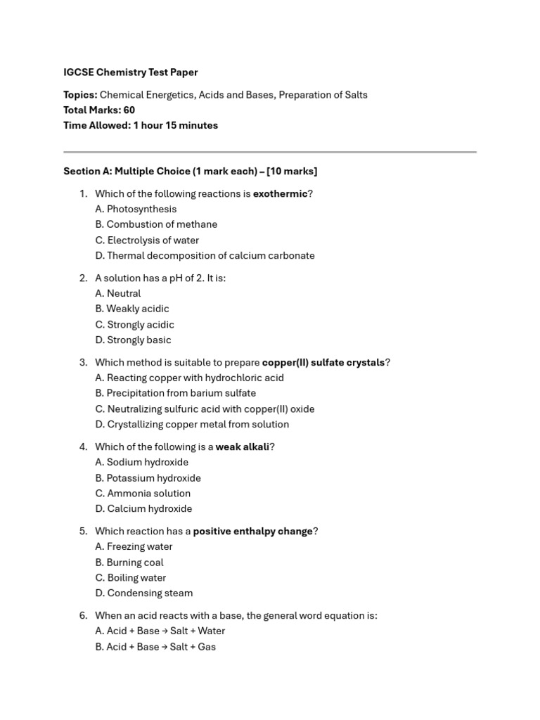 Chem Test | PDF | Chemical Reactions | Salt (Chemistry)
