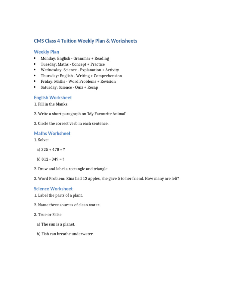 CMS Class4 Tuition WeeklyPlan Worksheet | PDF