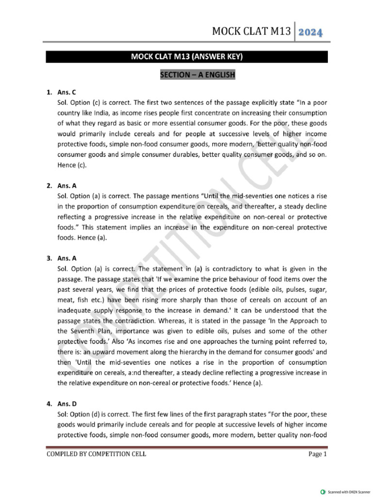 Mock Clat M13 Answer Key | PDF