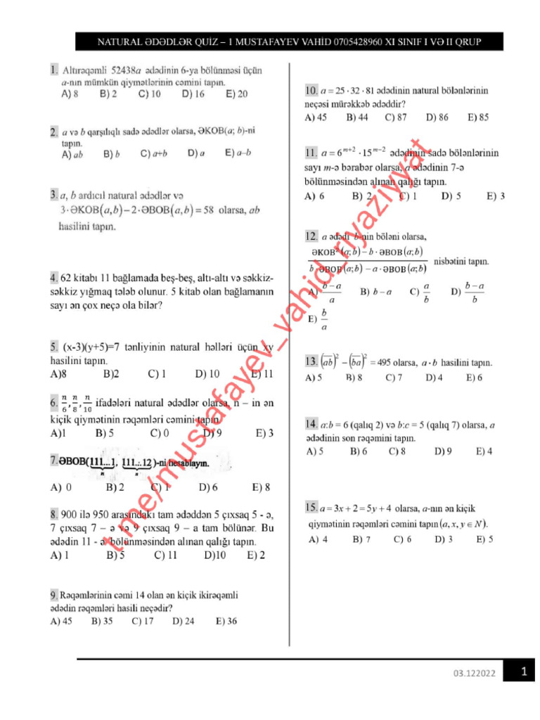 Natural ƏDƏDLƏR Qui̇z - 1 Xi Sinif I VƏ Ii Qrup | PDF