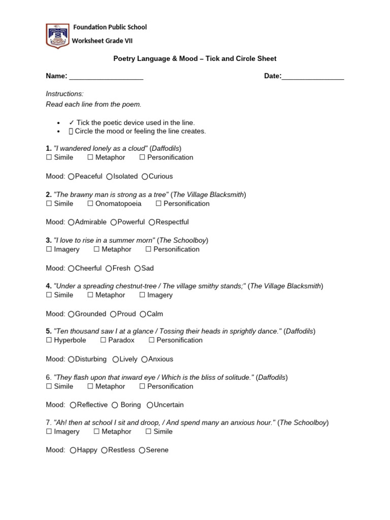 Poetry Language & Mood - Tick and Circle Sheet Name: Date:: Foundation ...