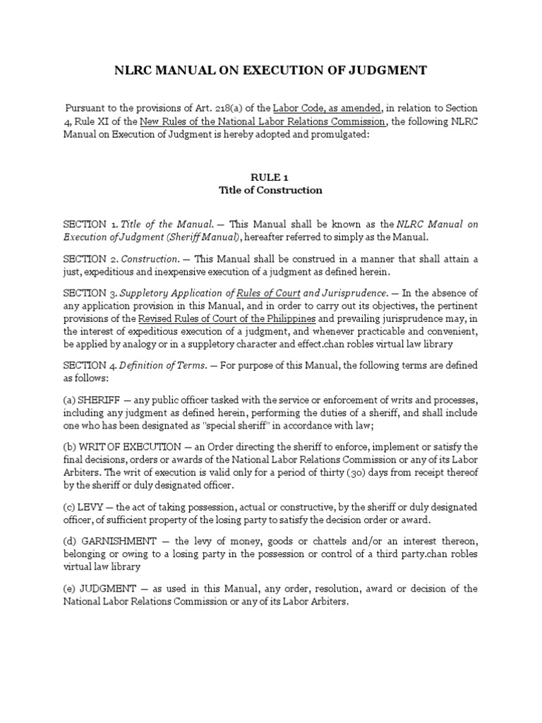 NLRC Manual On Execution of Judgment | PDF | Deed | Judgment (Law)