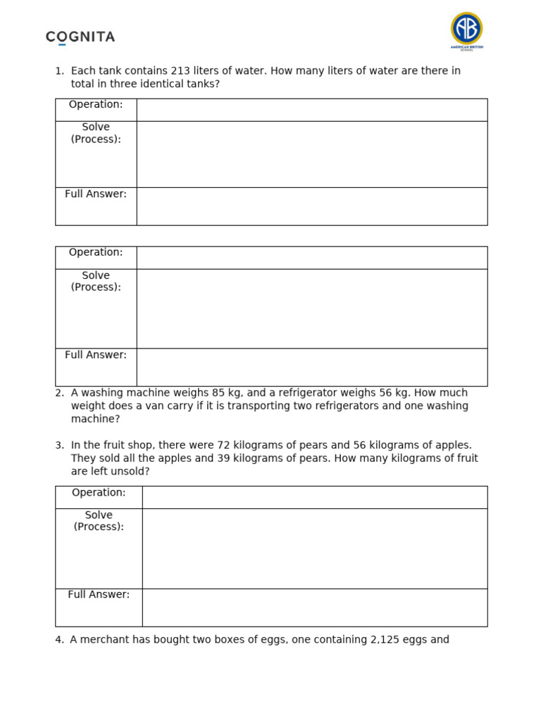 Math Word Problem - Worksheet1 | PDF
