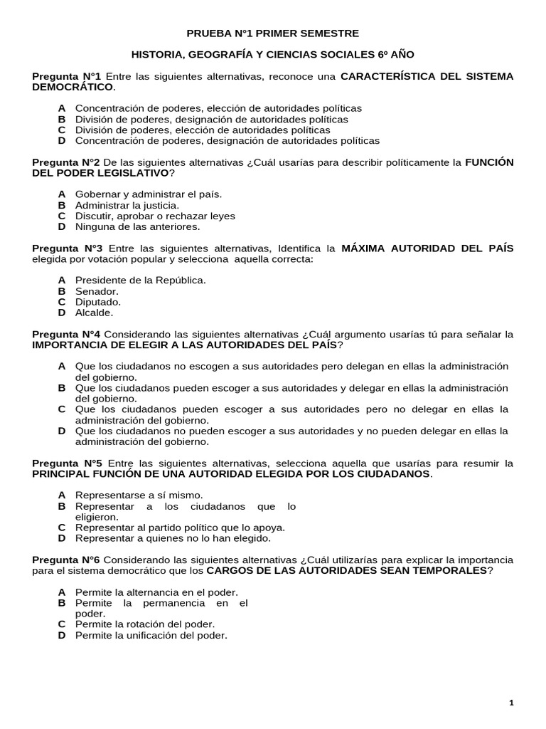 Prueba N°1 Historia 6 | PDF | Derechos | Chile