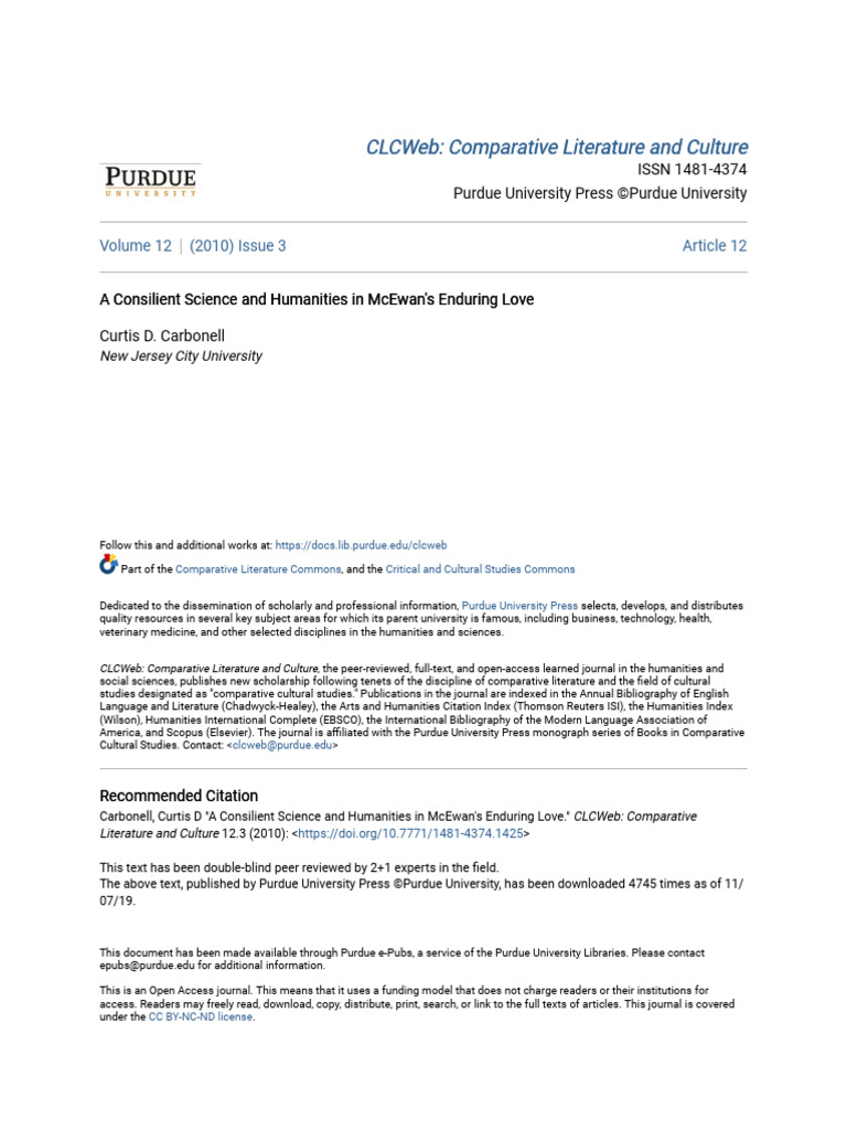 A Consilient Science and Humanities in McEwans Enduring Love Curtis D ...