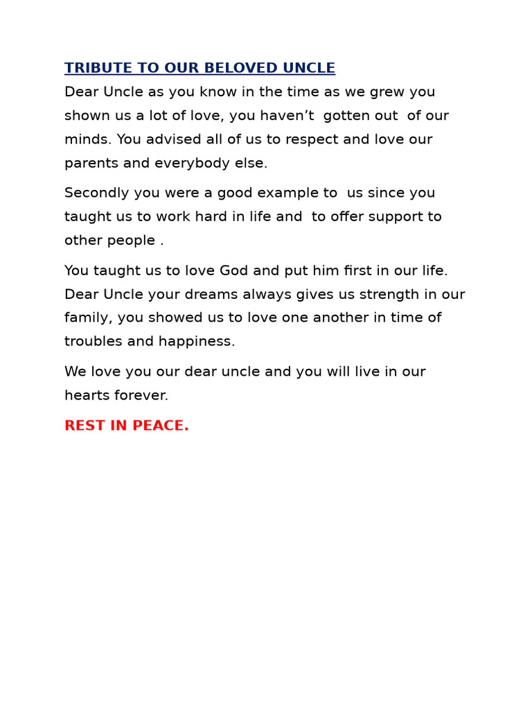 Tribute To Our Beloved Uncle | PDF
