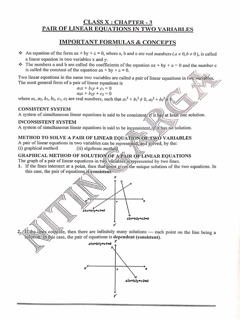 Pair of Linear Equations in Two Variables Class 10 | PDF