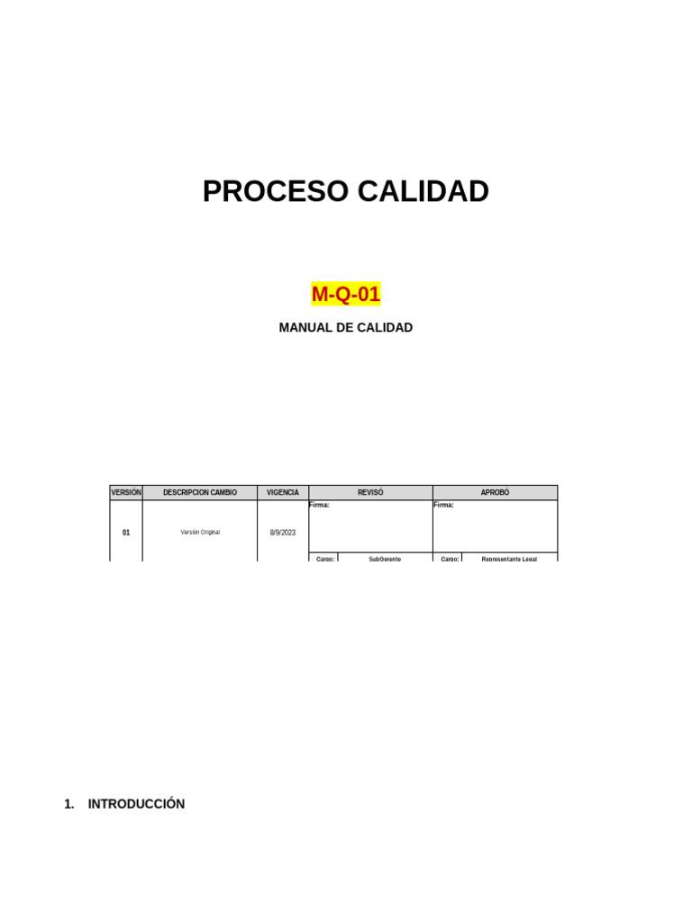 Manual de Calidad - V1 | PDF | Calidad (comercial) | Sistema de manejo de calidad