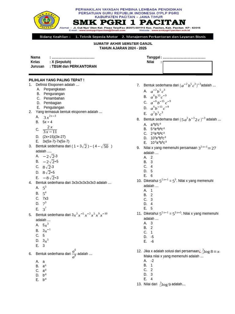 Soal Pas Ganjil Kelas X 2024 Fix | PDF