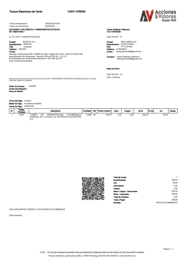 CADV-1439526 Factura Electronica de Venta | PDF | Pagos