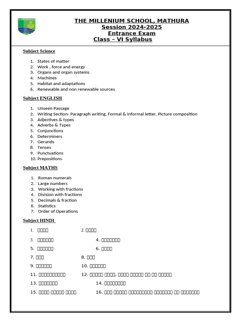Class 6 Entrance Exam Syllabus | PDF