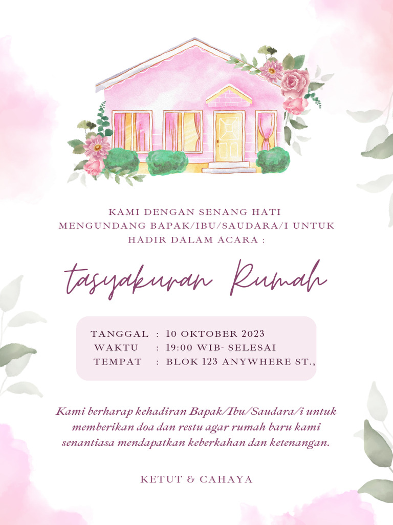 Putih Merah Muda Ilustrasi Bunga Cat air Tasyakuran Rumah Baru Undangan ...