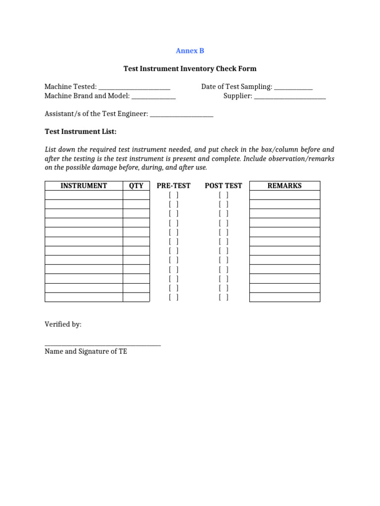 Annex B (Test Instrument Checklist) | PDF