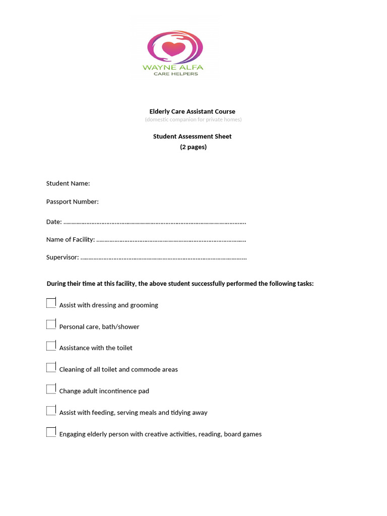 ELDERLY CARE ASSESSMENT STUDENT SHEET | PDF
