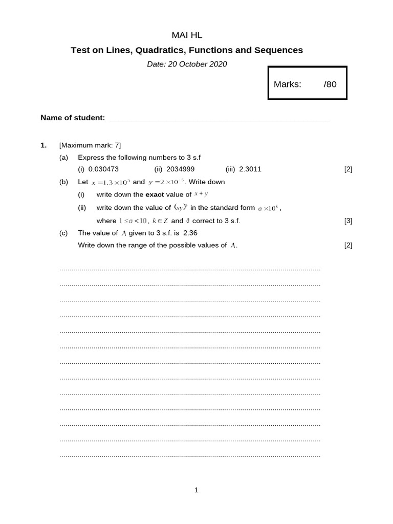 TEST 1 Lines, Quadratics, Functions, Sequences | PDF | Line (Geometry ...