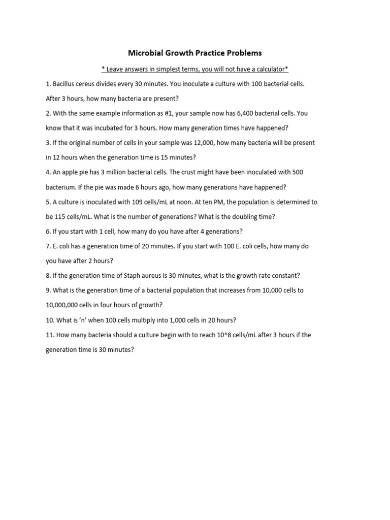 Microbial Growth Practice Problems | PDF
