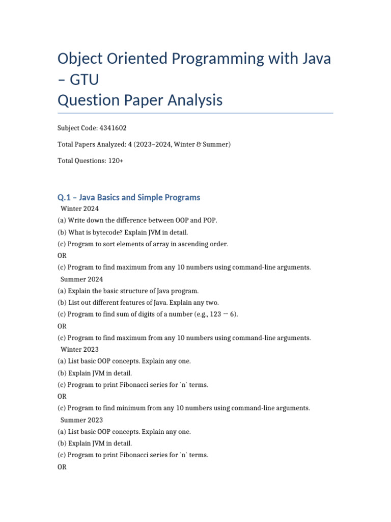 GTU Java 4341602 Question Paper Analysis | PDF | Constructor (Object Oriented Programming ...