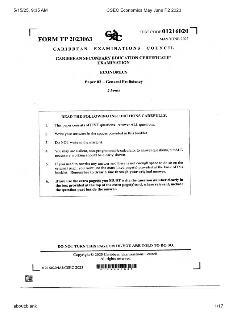 CSEC Economics Exam Paper P2 2023 | PDF