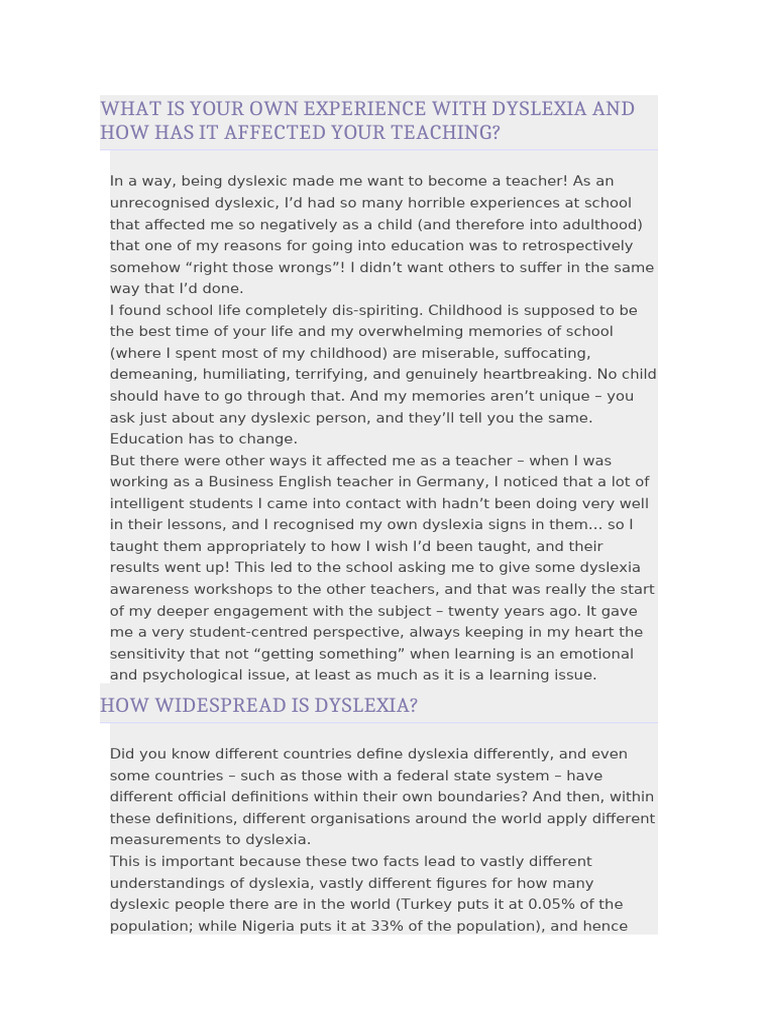 Dyslexia and How Has It Affected Your Teaching | PDF | Dyslexia ...