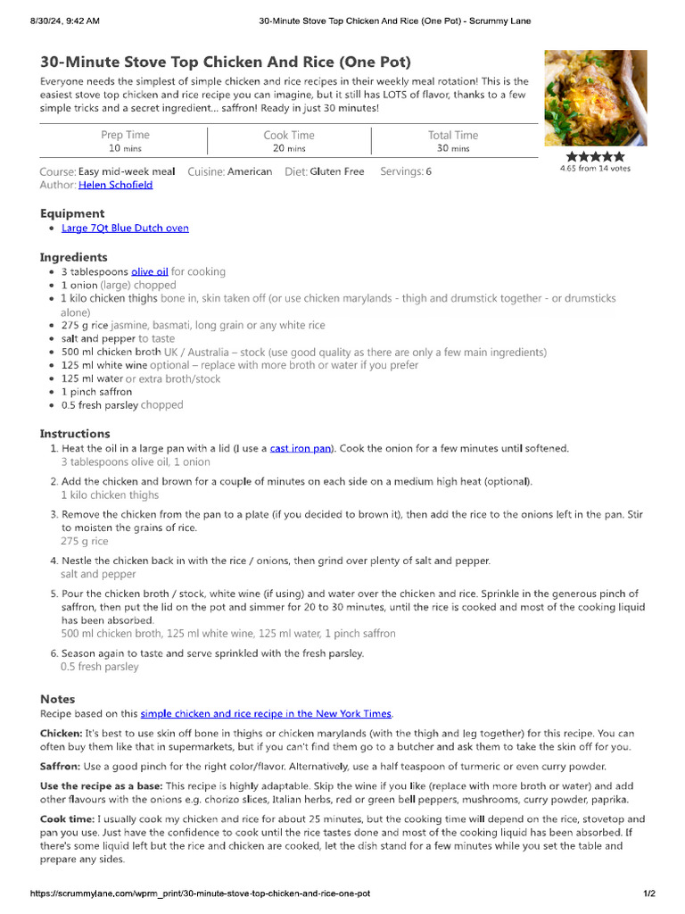 30-Minute Stove Top Chicken and Rice1 (One Pot) - Scrummy Lane | PDF