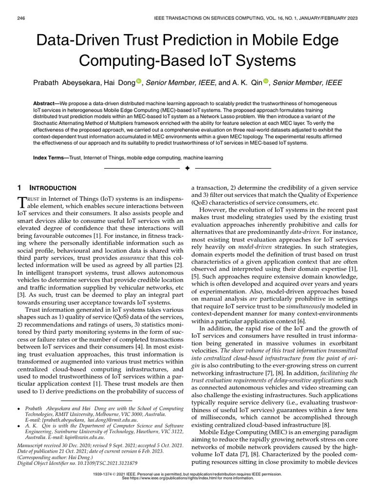 Data-Driven Trust Prediction in Mobile Edge Computing-Based IoT Systems | PDF | Internet Of ...